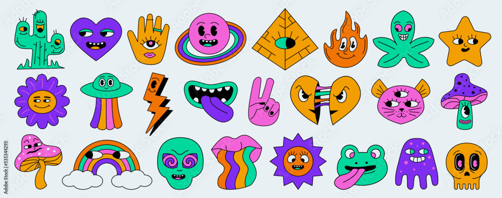A set of characters in the style of an acid old cartoon with an outline ...