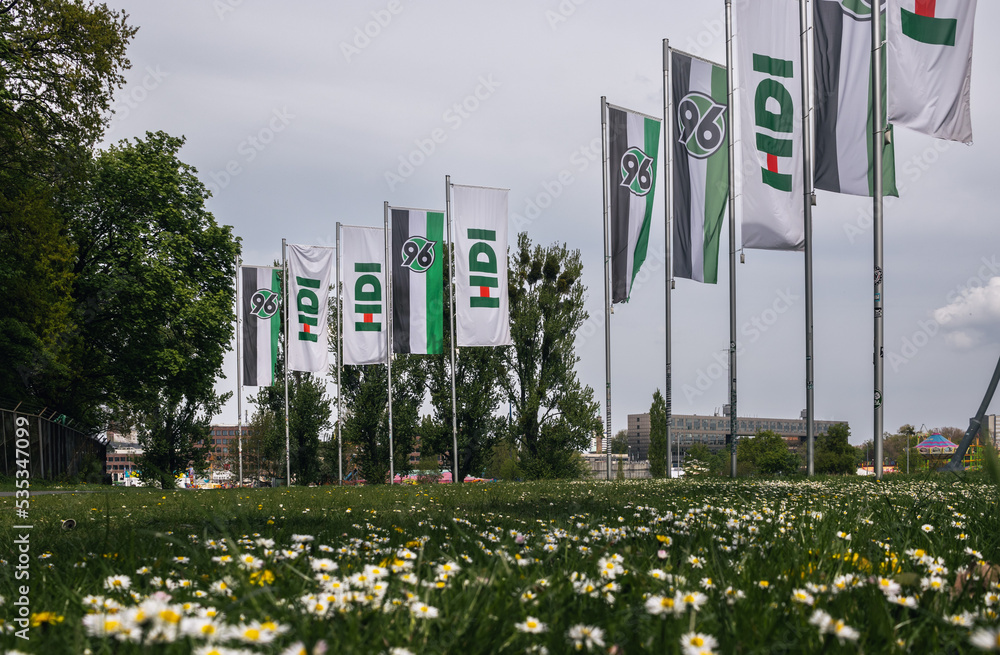 Flags with Hannover 96 and HDI logo at the Niedersachsenstadion (known ...