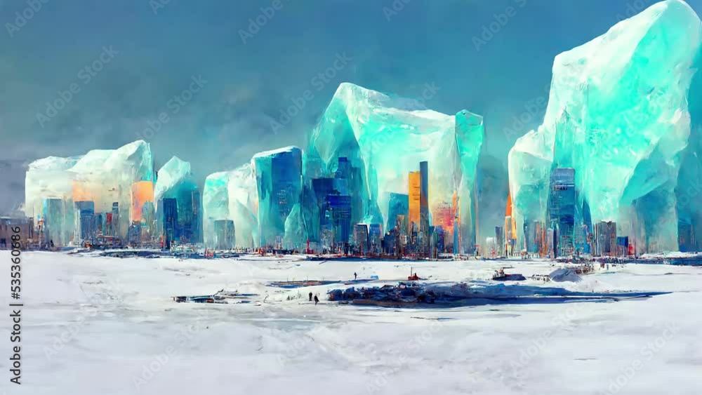 animation textured city under bloc ice. Ice age and Snow landscape ...