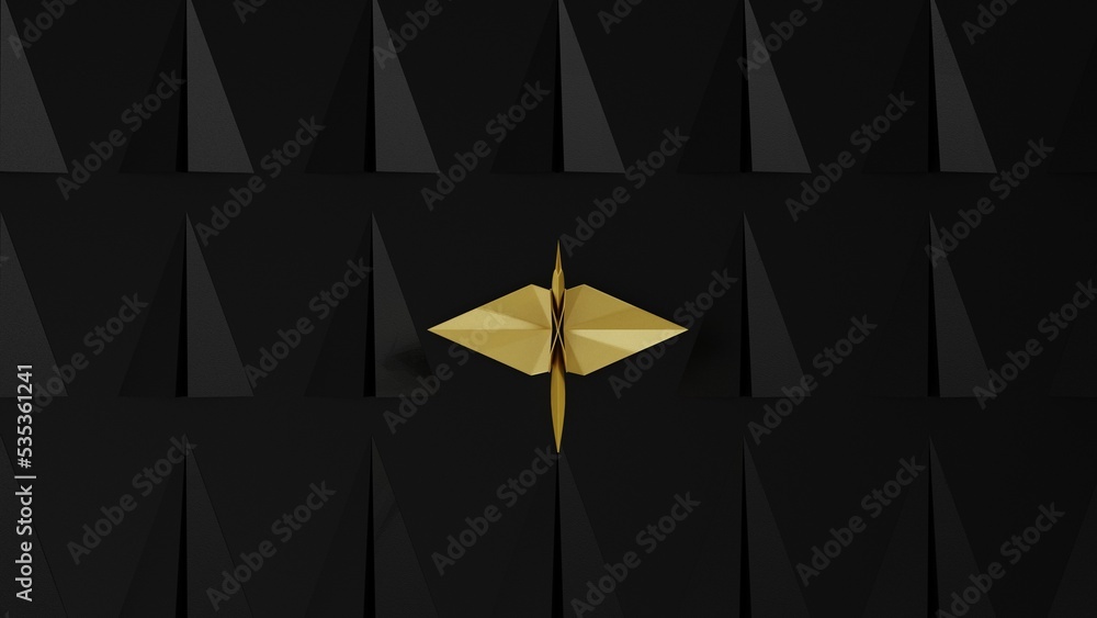 Origami of gold crane and many black airplanes on black board under ...