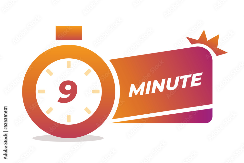 9 minutes timer, stopwatch. Time measure label concept. Colored flat ...