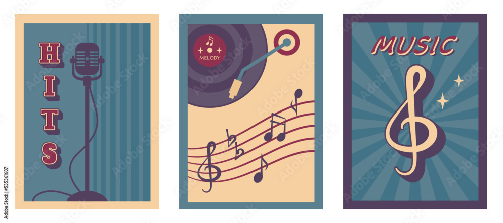 Retro music poster. Set of vintage background with musical disc, notes ...