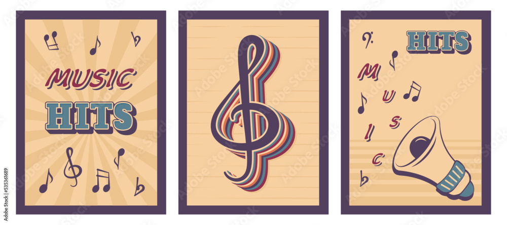 Set of vintage background with musical notes, loudspeaker, lettering ...