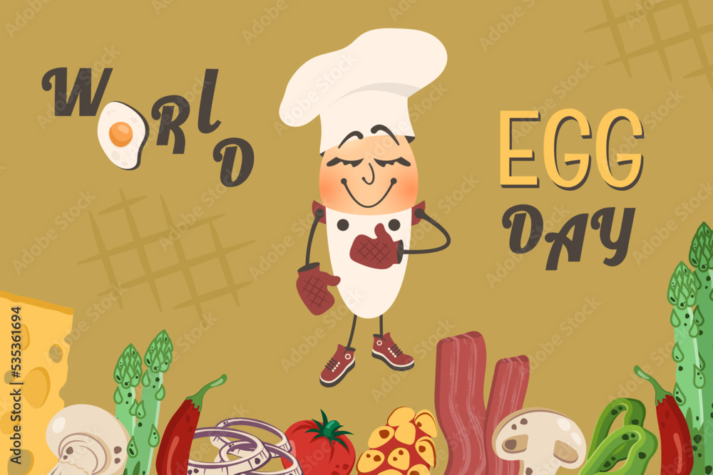 World egg day. Cute funny egg with cartoon comic vegetables, bacon ...