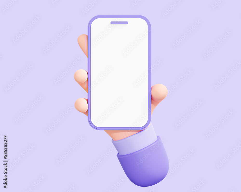 3D Hand holding mobile phone with empty screen. Smartphone with copy space for text or promotion ...
