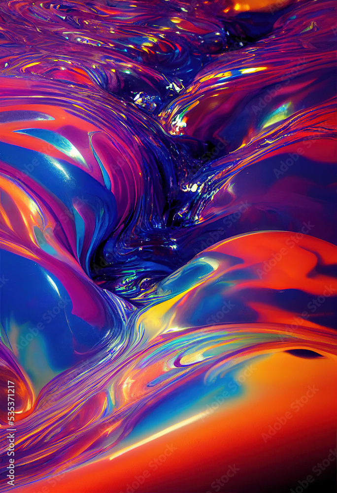 Vibrant Iridescent Liquid Flows, Surface Tension. 3D Rendering Abstract ...