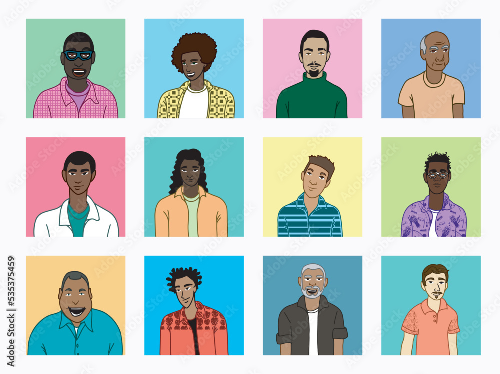 Set of half body avatars of black and brown adult men of different ...