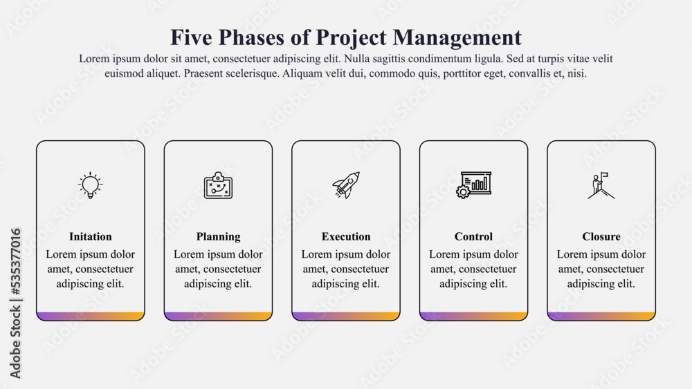 Five phases of project management infographic template with icons and text space. Stock Vector ...