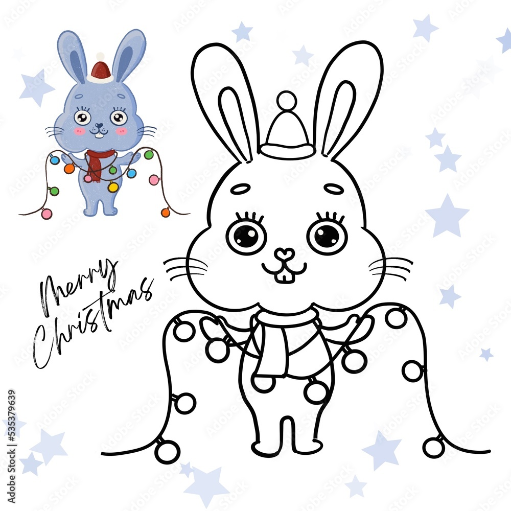 Chrismas bunny coloring page. On white backgound , printable with good ...