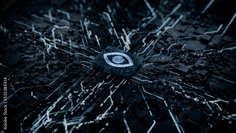 Vision Technology Concept with eye symbol on a Microchip. Data flows ...