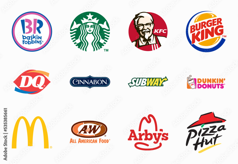 Popular fast food restaurants logos set. Baskin Robbins, Dunkin donuts ...