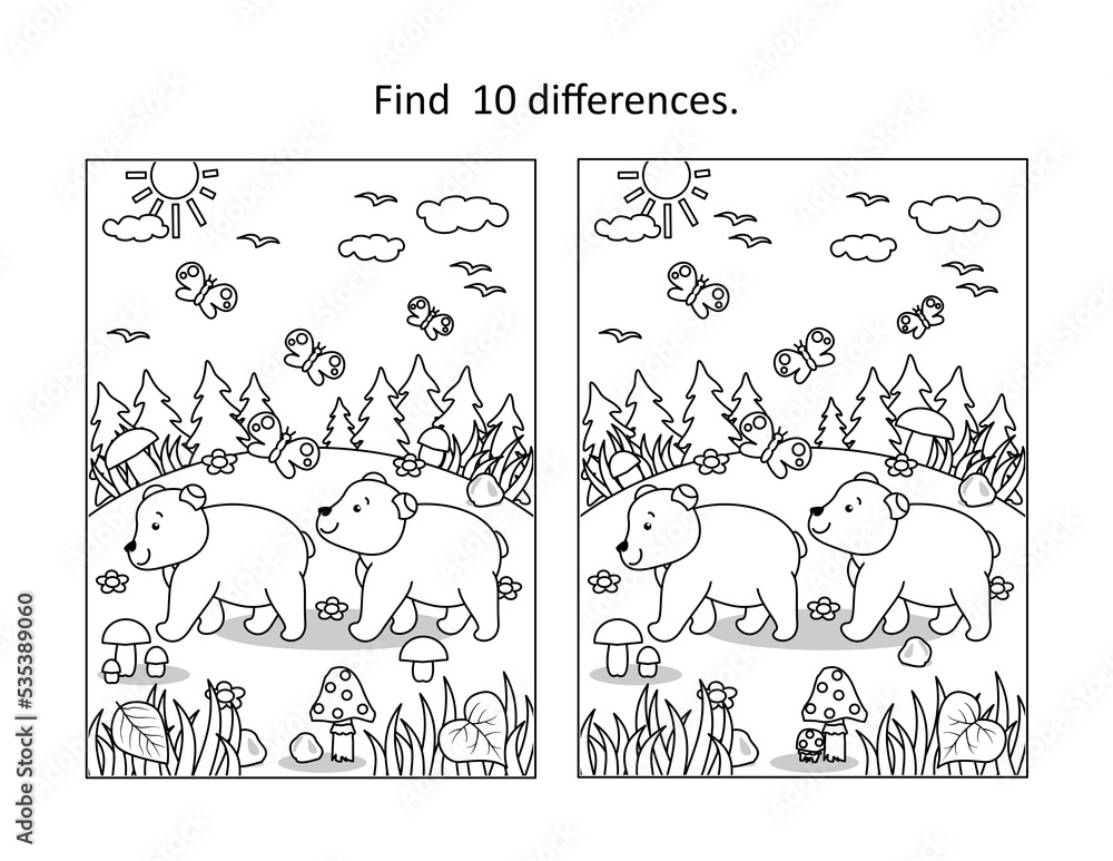 Find 10 differences visual puzzle and coloring page with two curious ...