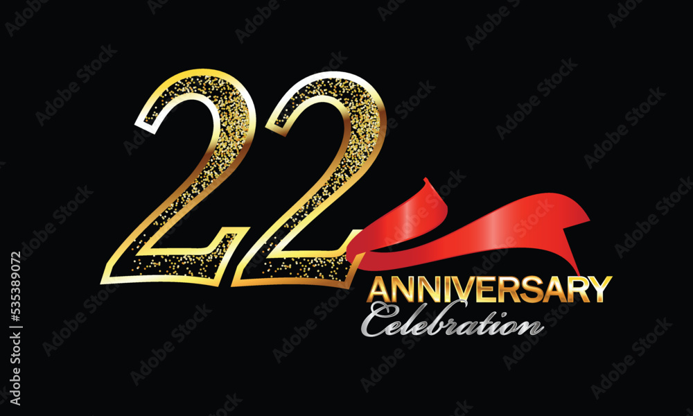22 Year Anniversary celebration Vector Design with red ribbon and ...