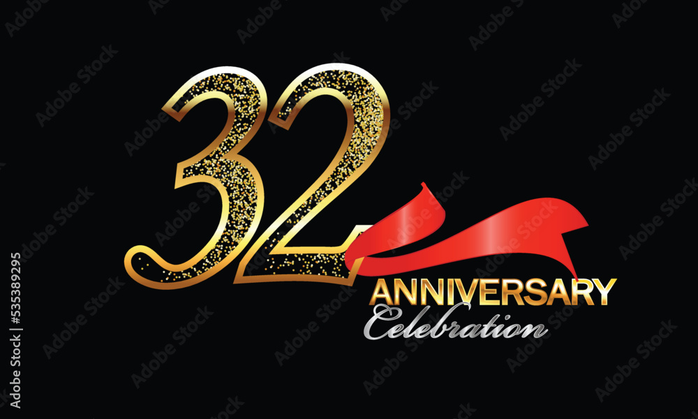 32 Year Anniversary celebration Vector Design with red ribbon and ...