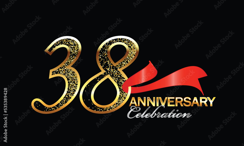 38 Year Anniversary celebration Vector Design with red ribbon and ...