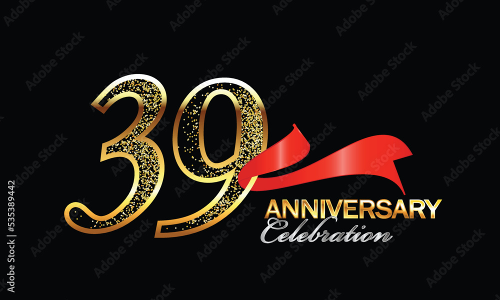 39 Year Anniversary celebration Vector Design with red ribbon and ...