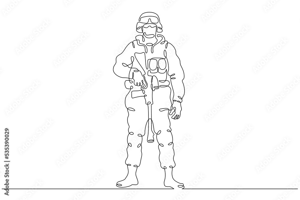 One continuous line.Modern military man in outfit. Soldier with weapons ...