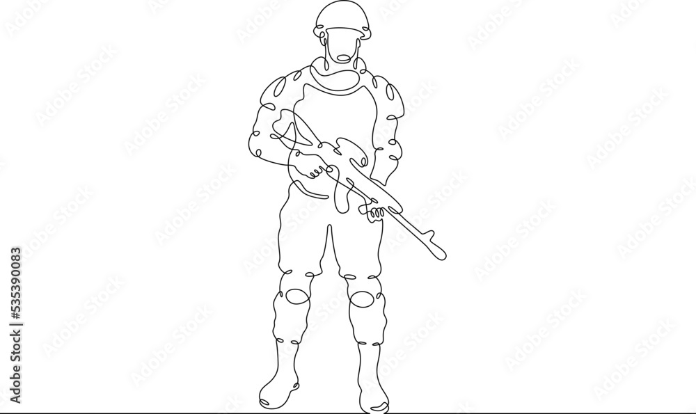 One continuous line.Modern military man in outfit. Soldier with weapons ...
