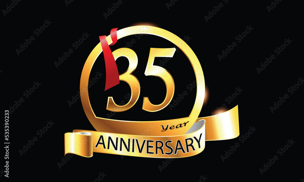 35 Year Anniversary celebration Vector Design with ring and red ribbon. 35th Anniversary ...
