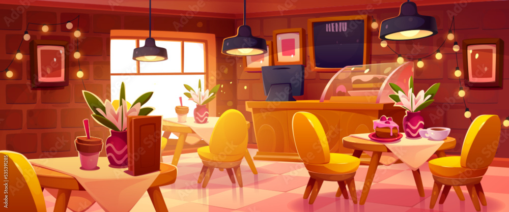 Cozy Cafe Interior Coffee Shop Cafeteria Or Bakery With Sweets On