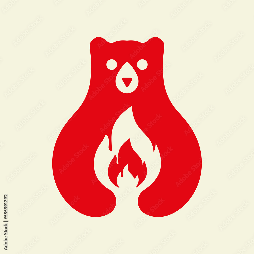Initial Bear Fire Logo Negative Space Vector Template. Bear Holding Fire Symbol Stock Vector ...