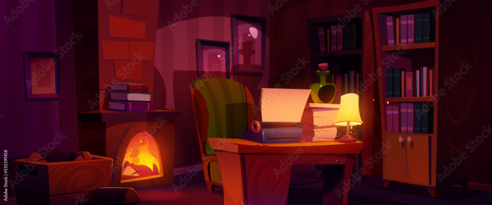 Writer workspace in dark room with vintage furniture. Cartoon vector ...