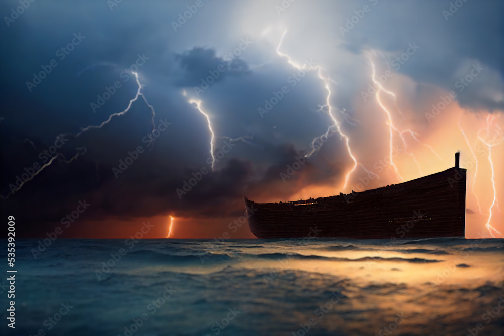 Noah's ark in a stormy sea, lightning strikes, divine light of ...
