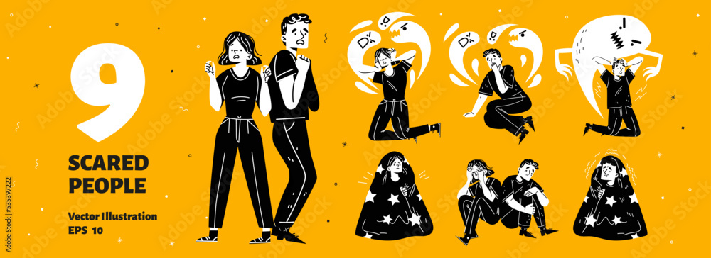 Scared and frightened people afraid shadows or ghosts, hide under ...