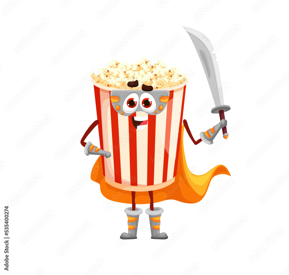Cartoon funny popcorn defender character. Cute fast food dessert hero ...