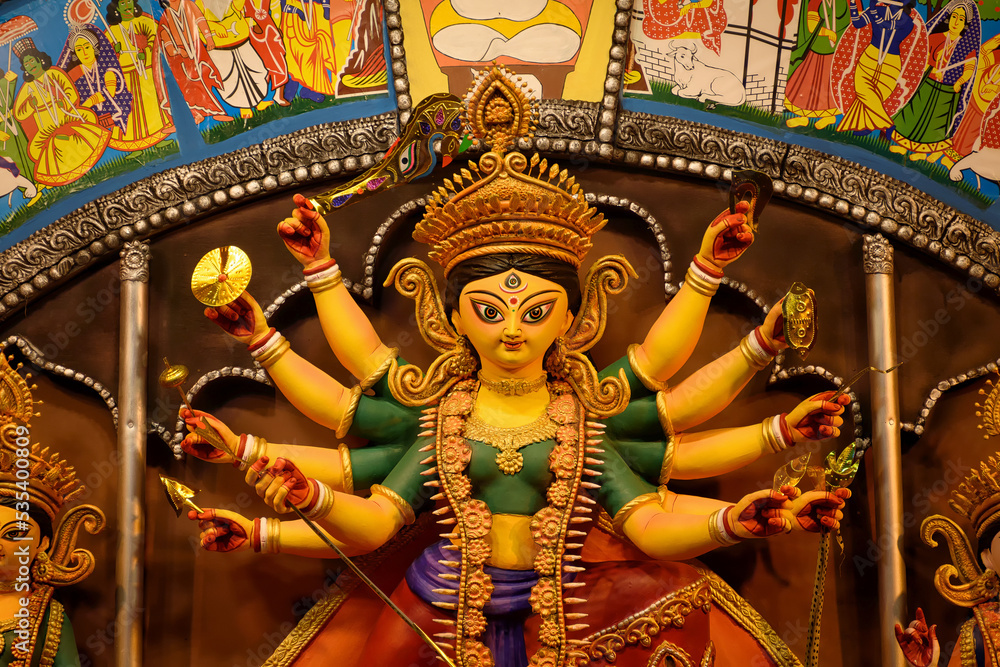 Idol of Goddess Devi Durga at a decorated puja pandal in Kolkata, West ...