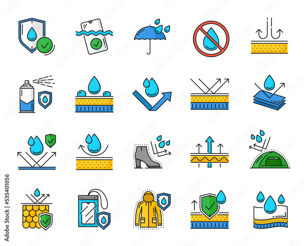 Waterproof icons of water proof fabrics, color line symbols of drops ...