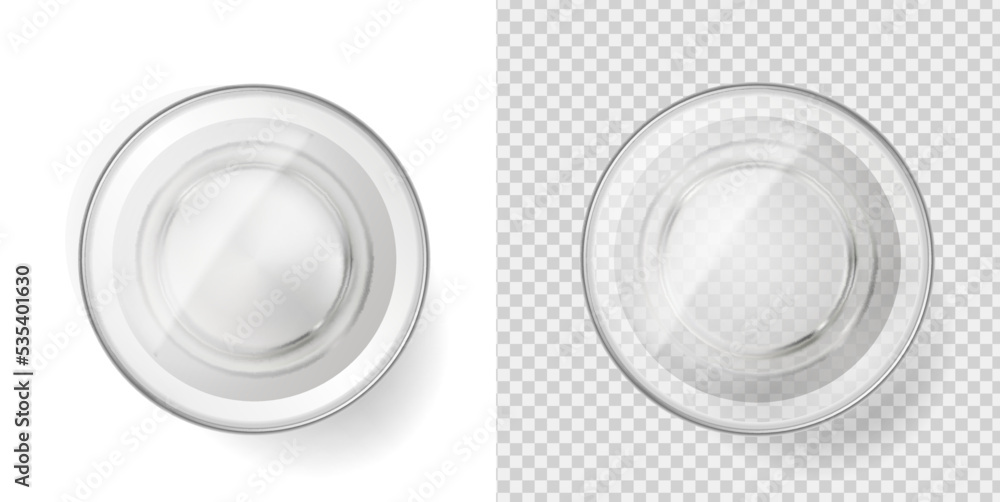 Glass water top view, realistic isolated cup dish on vector transparent ...