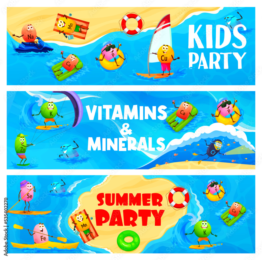 Cartoon vitamin and mineral characters on beach vacation ...