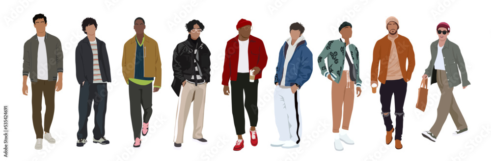 Autumn or spring Street fashion men vector art illustration. Young men ...
