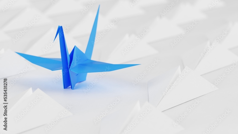 Origami of blue crane and many white airplanes on white board under ...