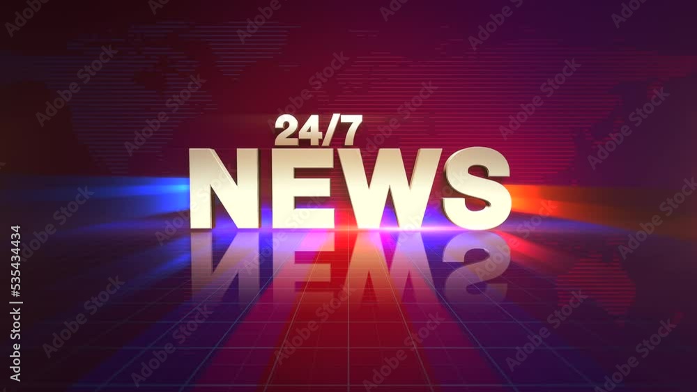 24 News with global map and blue with red lines in news studio, motion ...
