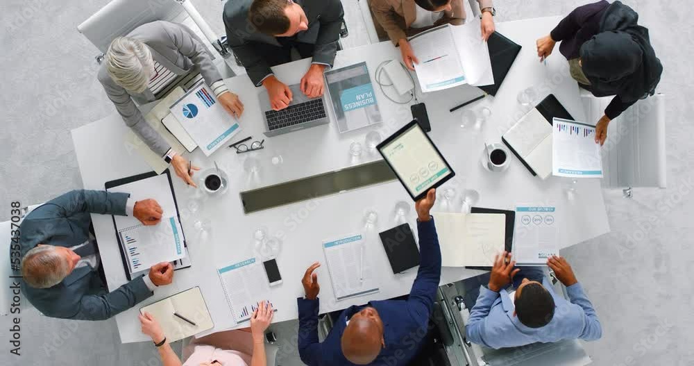 Business meeting, teamwork and planning with technology in office with ...