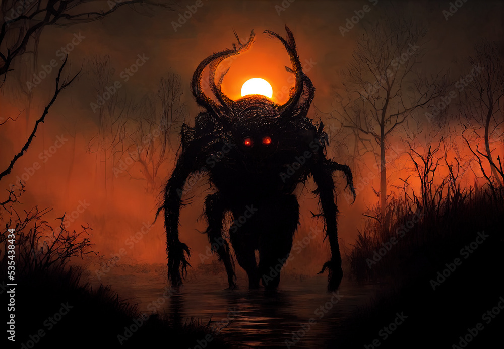 A creepy swamp demon inspecting his possessions at sunset. Realistic ...