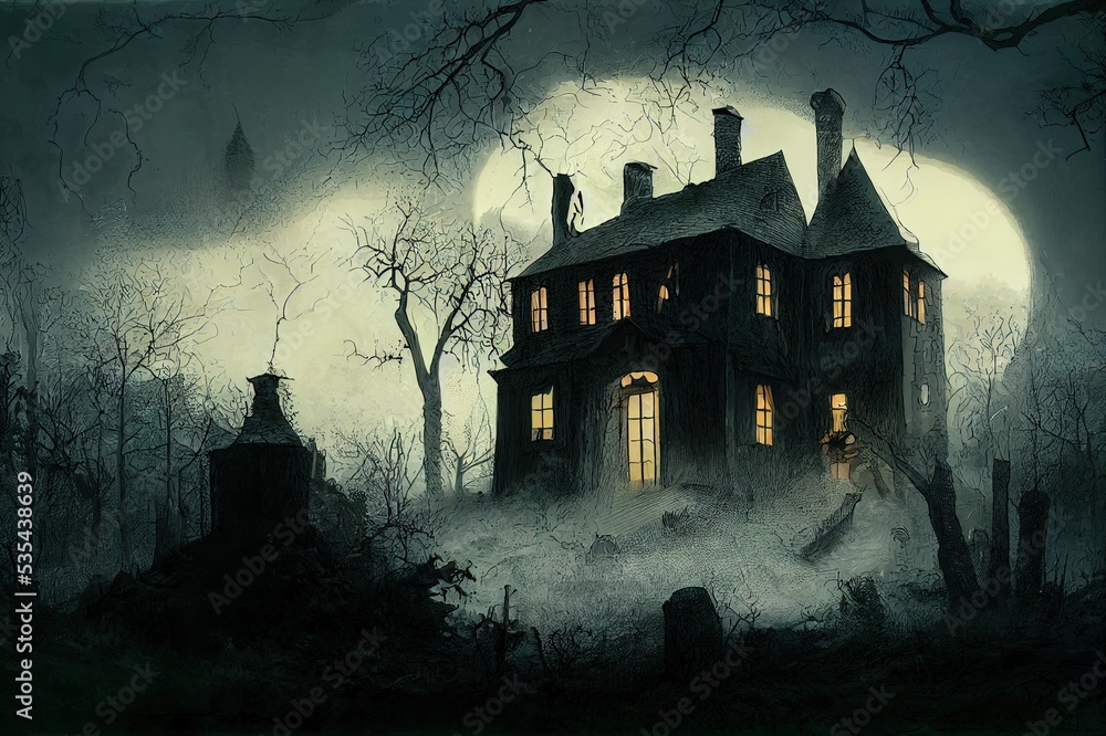 Graphic illustration of spooky house in the woods, for Halloween and ...