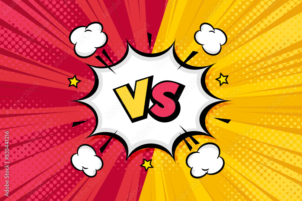 Fight versus pop art comic red yellow background with halftone, rays ...