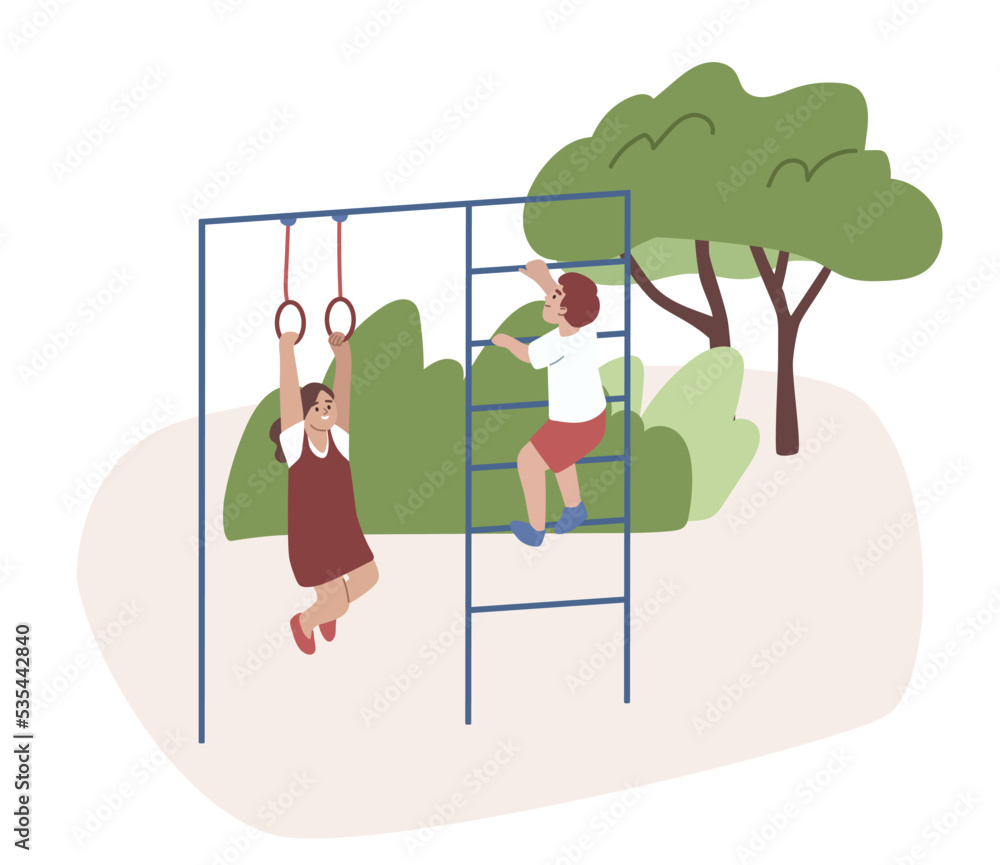 Girl hanging on the rings. Boy climbing the jungle gym. Monkey bars ...