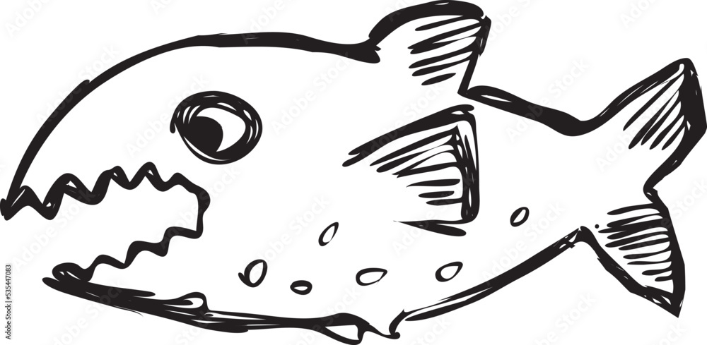 Fish with open mouth with teeth. Hand-drawn black and white ...