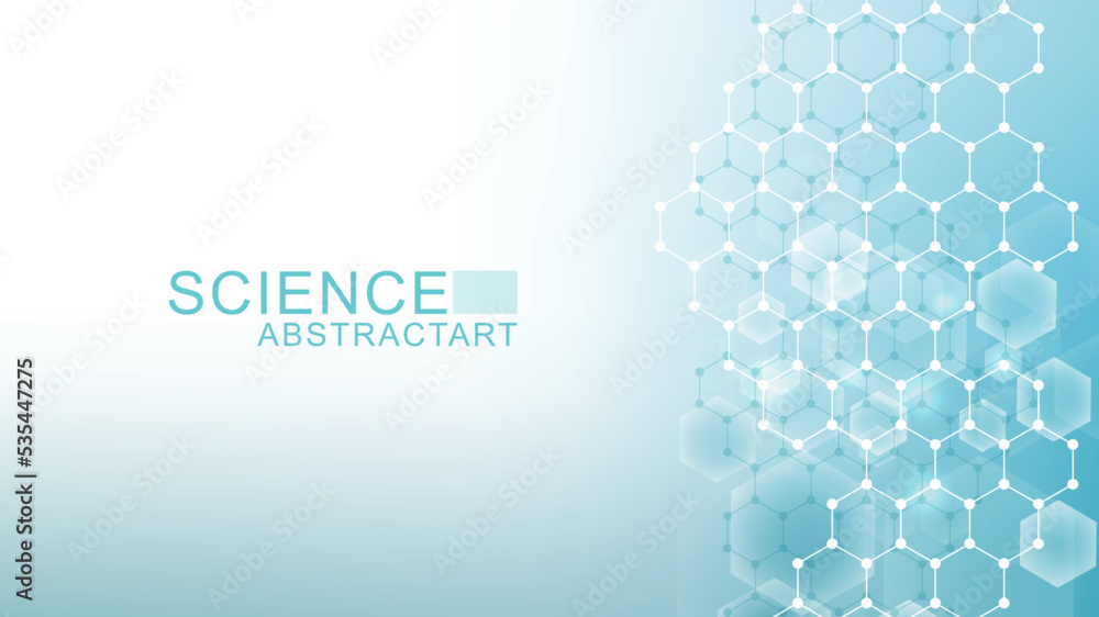 Modern science background with lines, dots and hexagons. Wave flow ...