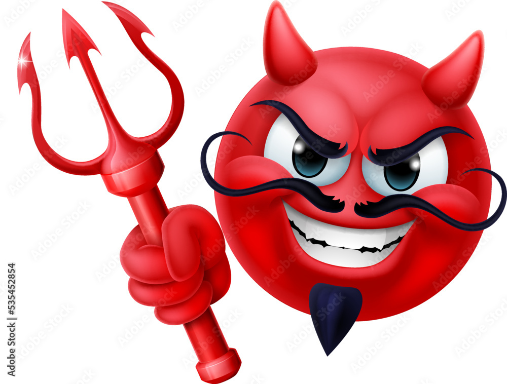 A red devil or satan emoji emoticon man face holding a trident ...