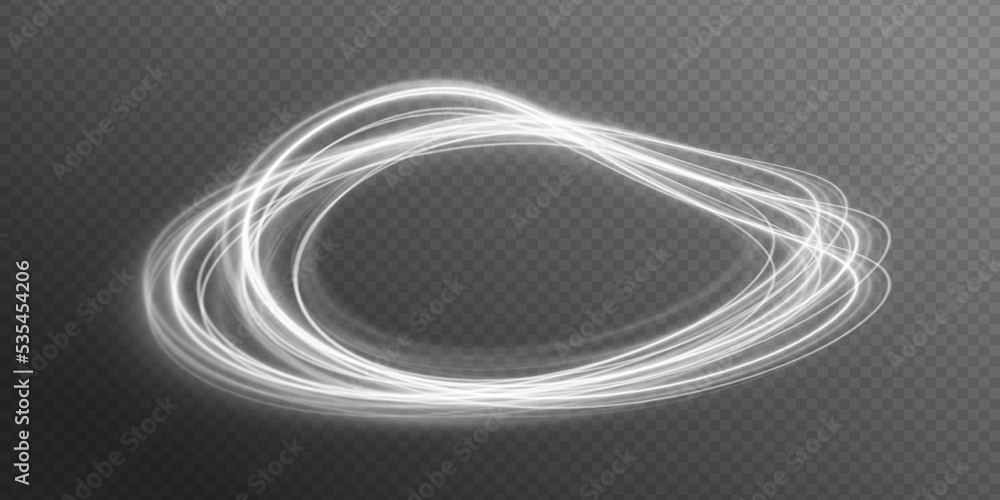 White shiny spiral wave. Curved silver line. Glittering wavy trail ...