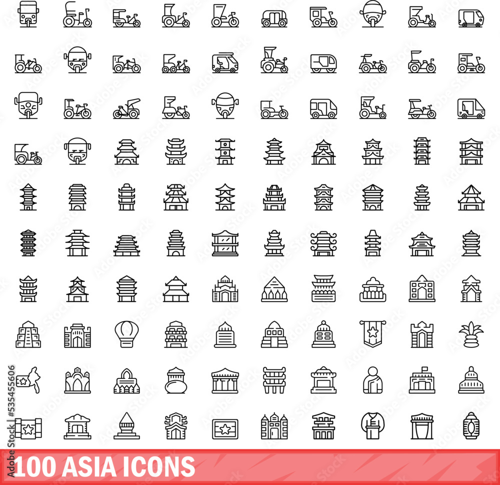 100 asia icons set. Outline illustration of 100 asia icons vector set ...