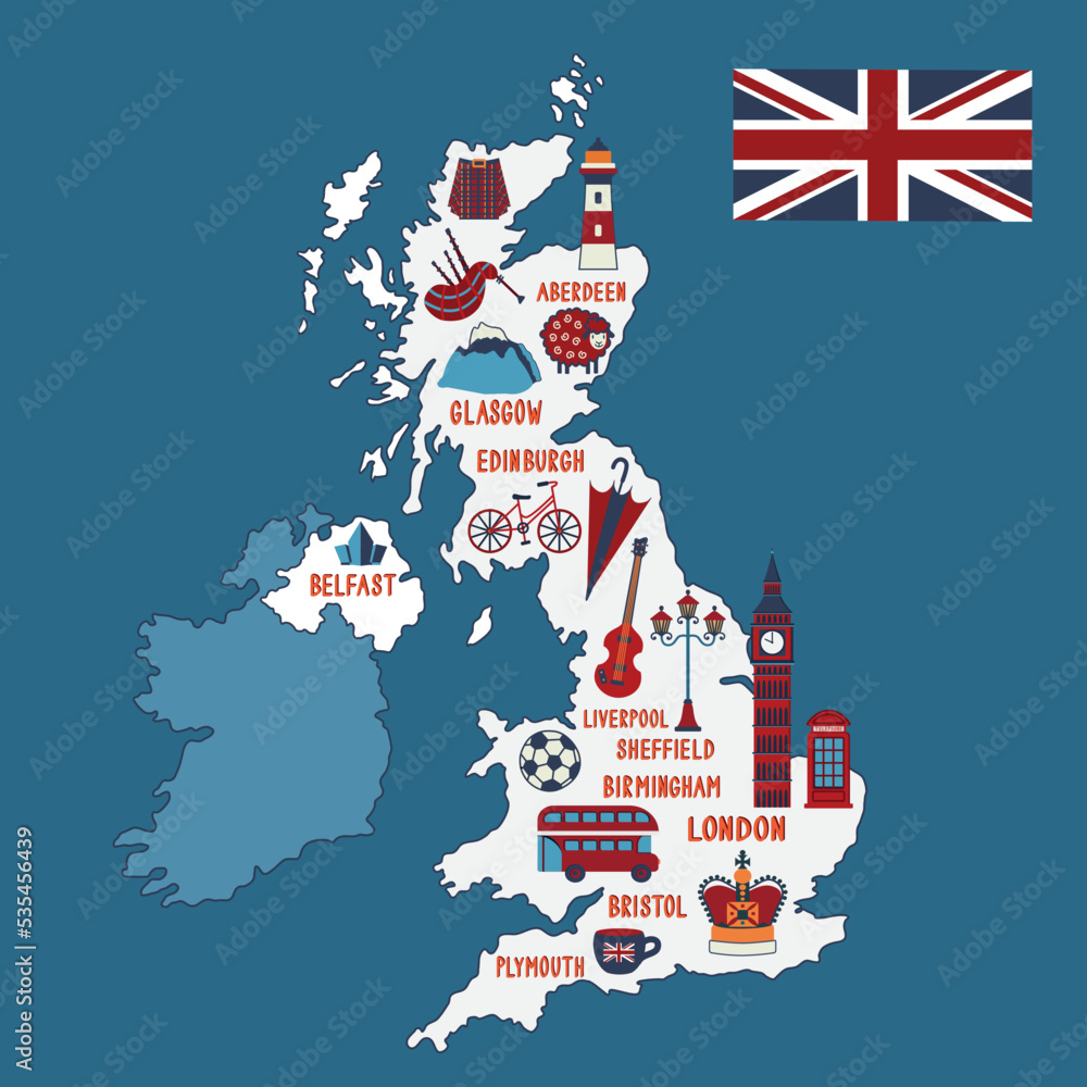 Vector illustrated map of Great Britain. Travel concept. Country ...