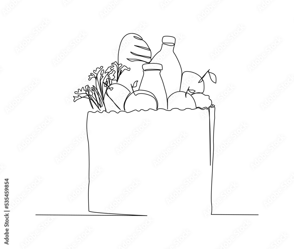 Continuous line art drawing of Grocery food basket, fruits and bread in ...