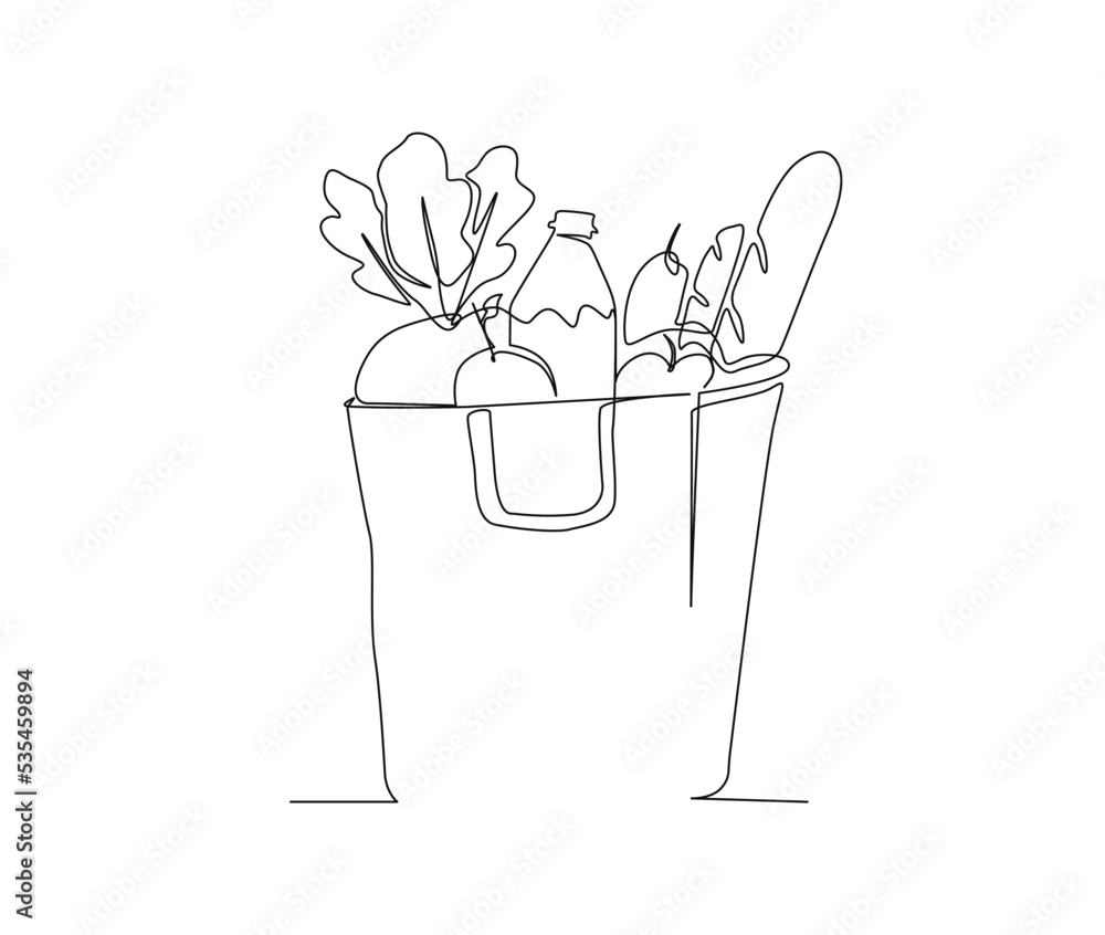 Continuous line art drawing of Grocery food basket, fruits and bread in ...