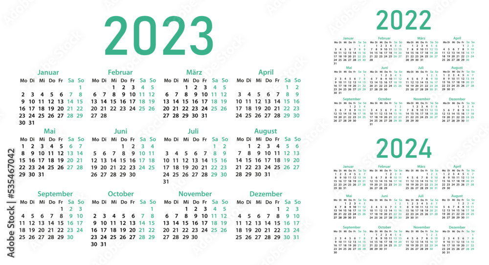 Calendars in German for 2022, 2023, 2024 on a white background ...